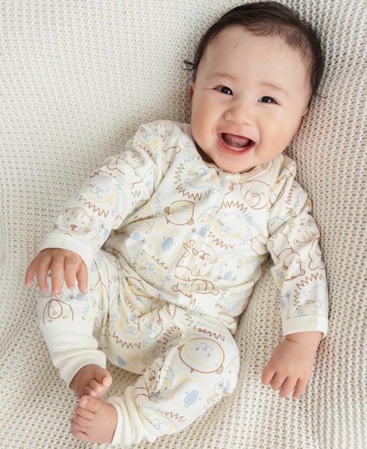 Babies' Footless 2-Way Zip Growsuit in Egret Animal Faces | Postie