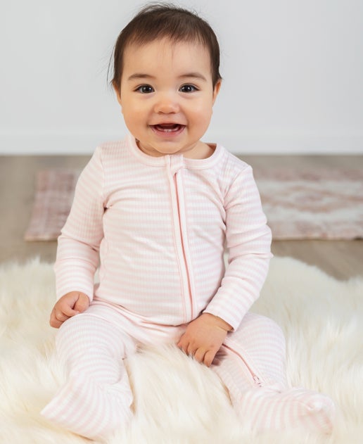 Babies' Rib Stripe Long Sleeve Growsuit in Pink Stripe | Postie