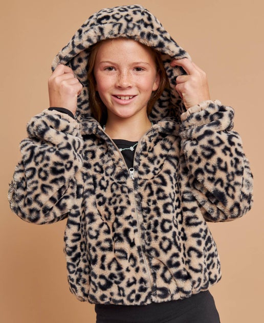 Kids' Hooded Fur Jacket in Leopard | Postie