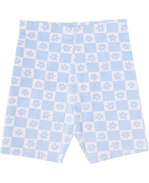 Kids' Print Bike Short in Blue Checker Daisies | Postie