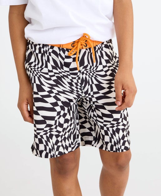 Kids' Print Board Shorts in Mono/orange Checker | Postie