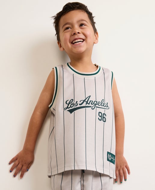 Little Kids' Mesh Basketball Singlet in Moonbeam Stripe | Postie