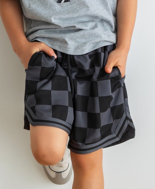 Little Kids' Mesh Short in Black Checker | Postie