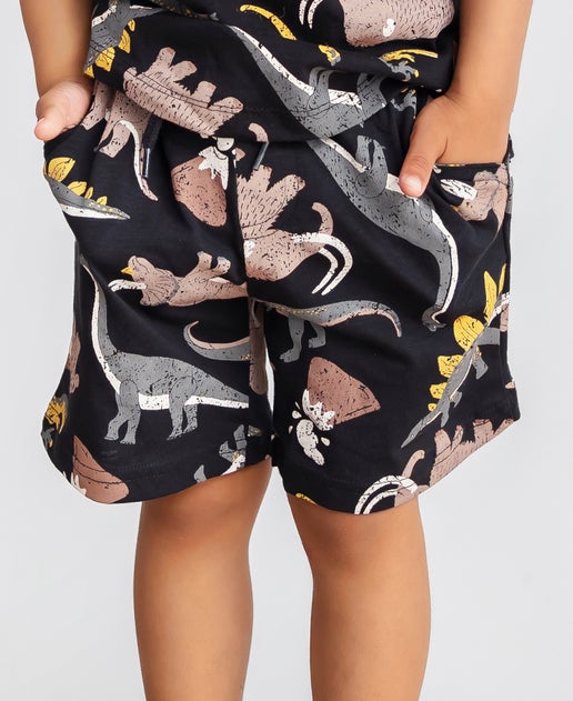 Little Kids' Print Knit Shorts in Black Dino | Postie