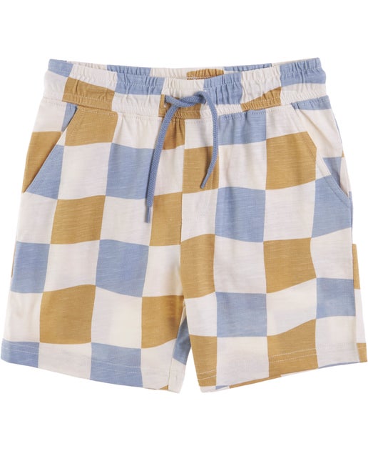 Little Kids' Print Knit Shorts in Egret/denim Checker | Postie