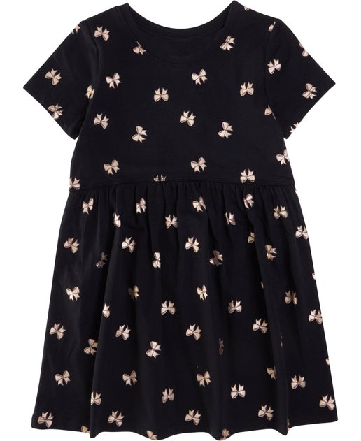 Little Kids' Print Knit Tee Dress in Black Foil Bows | Postie