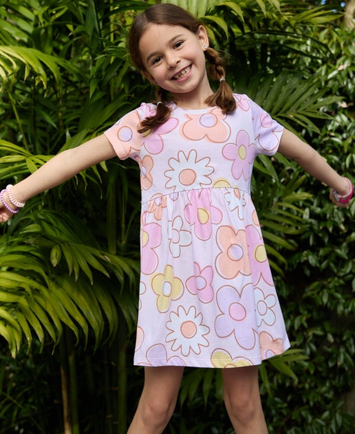 Little Kids' Print Knit Tee Dress in Lilac Bold Floral | Postie