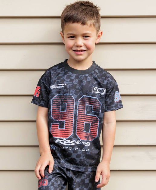 Little Kids' Print Sporty Mesh Tee in Black/periscope Checker | Postie