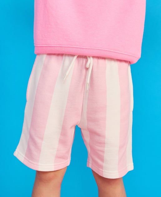 Little Kids' Printed Terry Shorts in Pink Stripe | Postie