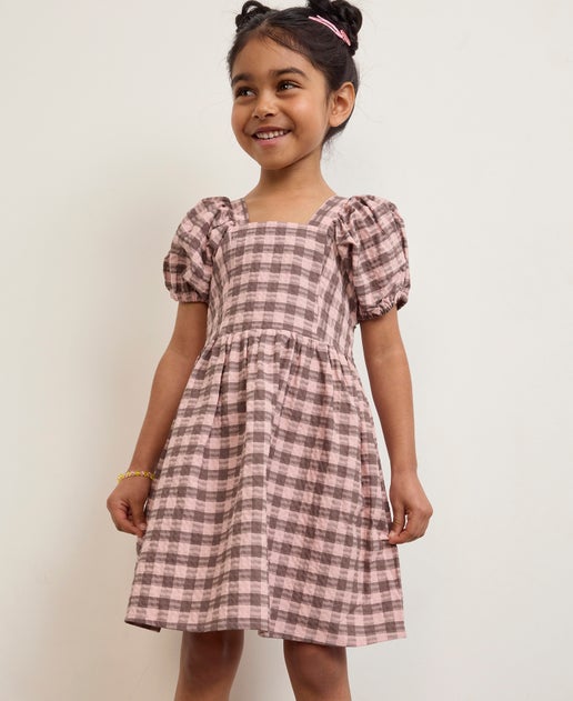 Little Kids' Puff Short Sleeve Baby Doll Mini Me Dress in Choc/pink ...