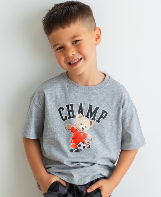 Little Kids' Short Sleeve Print Tee in Grey Marle Bear | Postie
