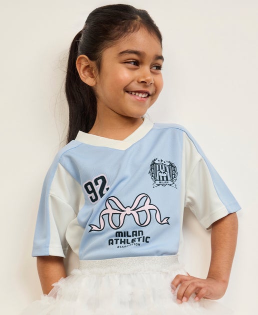 Little Kids' Sporty Mesh Panel Print Tee in Soft Blue | Postie