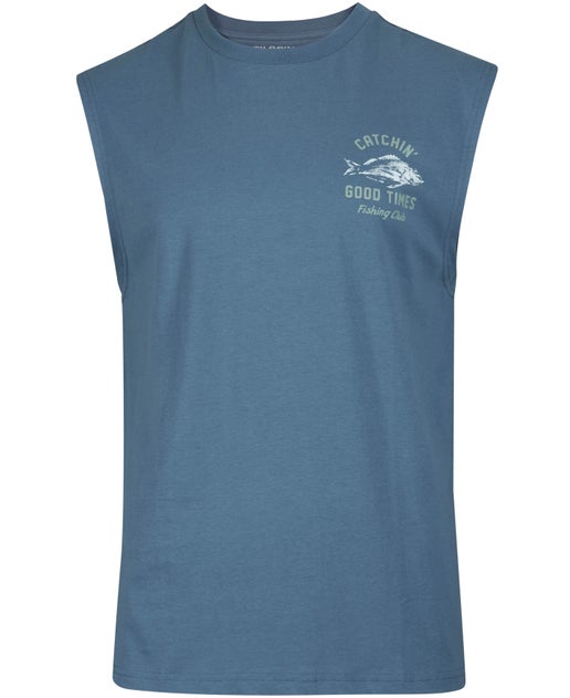 Men's Front & Back Print Muscle Tank in Blue Fish | Postie