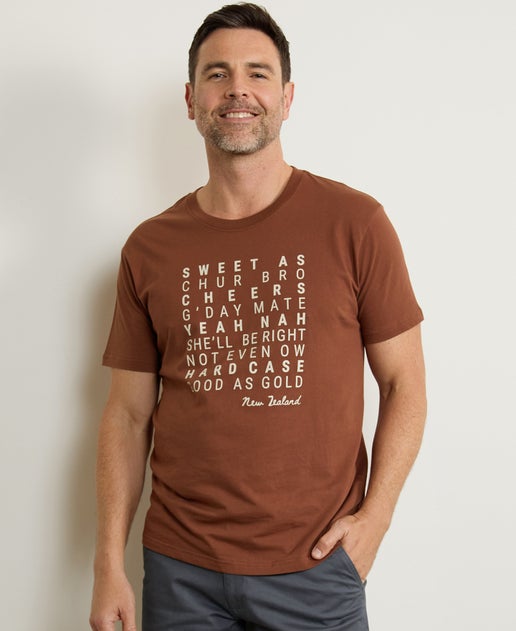 Men's Print Front Tee in Cinnamon Sayings | Postie