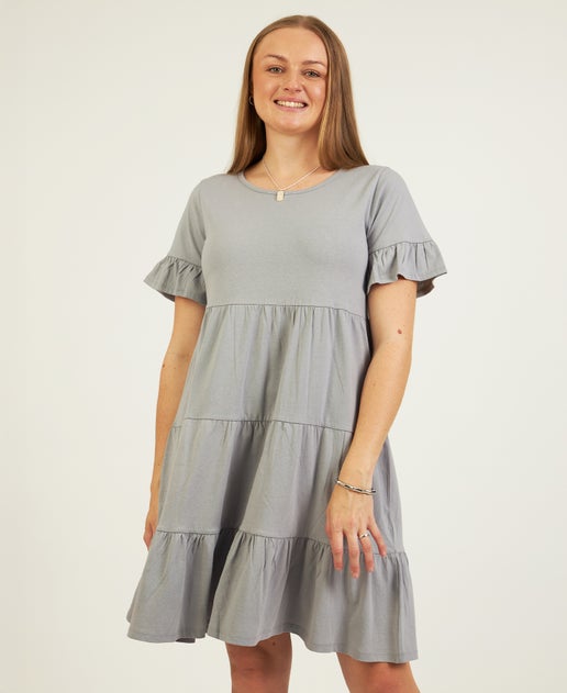 Women's Cotton Frill Sleeve Tier Dress in Sleet Blue | Postie