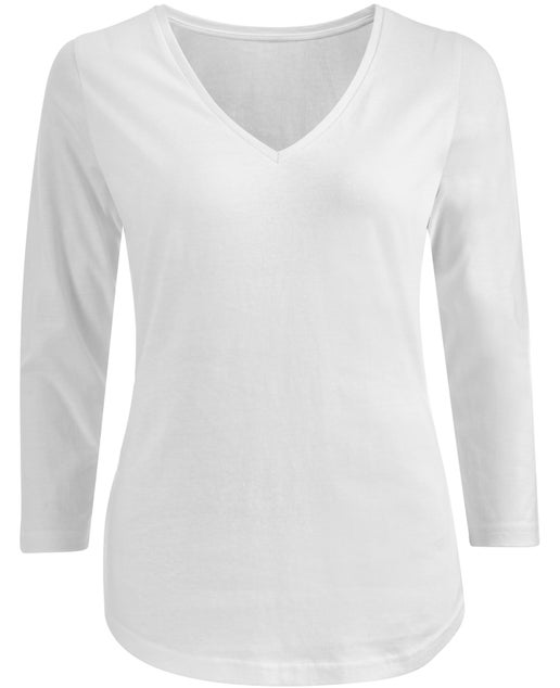 Women's Favourite 3/4 Sleeve V Neck Cotton Top in White | Postie
