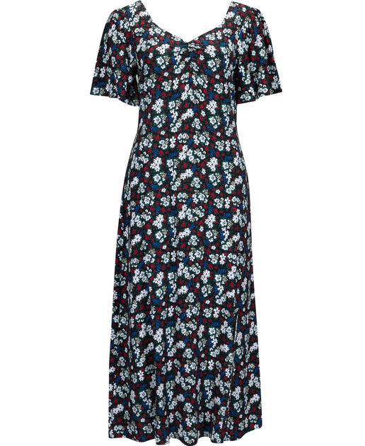Women's Gathered Bust Midi Tea Dress in Black Multi Floral | Postie