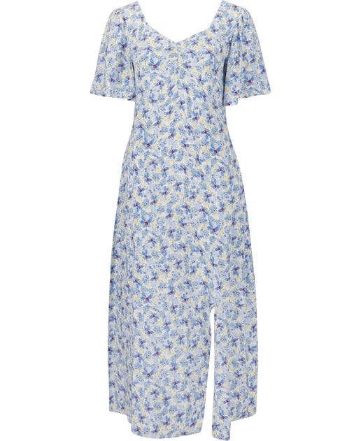 Women's Gathered Bust Midi Tea Dress in Floral Meadow Print | Postie