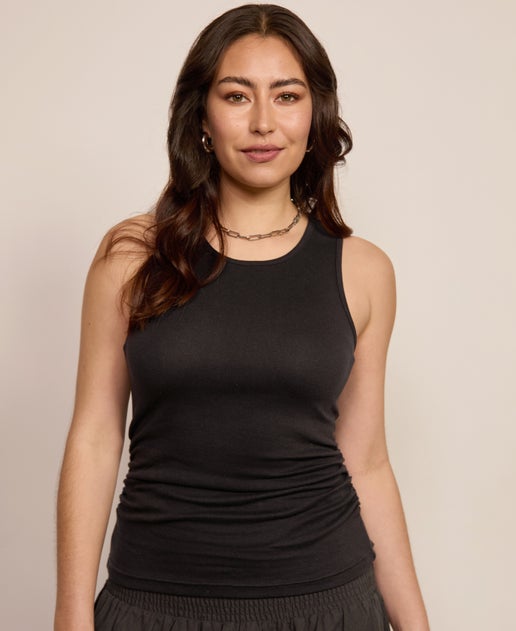 Women's Gathered Fine Rib Tank in Black | Postie