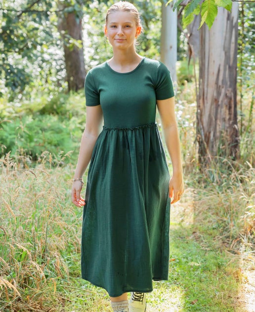 Women's Rib Bodice Muslin Midi Dress in Pine Green | Postie
