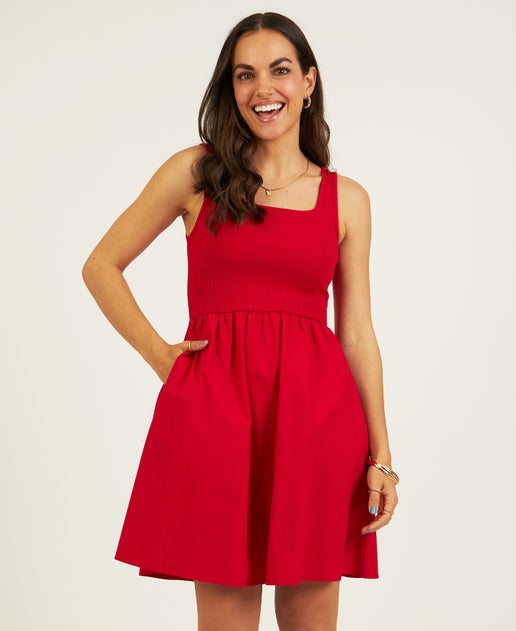 Women's Rib Bodice Poplin Mini Dress in Red | Postie