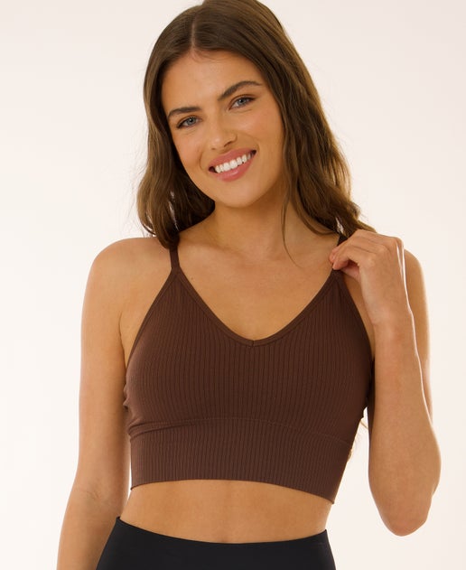 Women's Rib V Seamless Longline Sports Bra in Shaved Chocolate | Postie