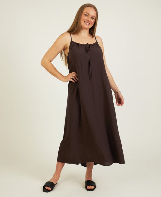 Women's Tie Detail Slip Midi Dress in Dark Brown | Postie