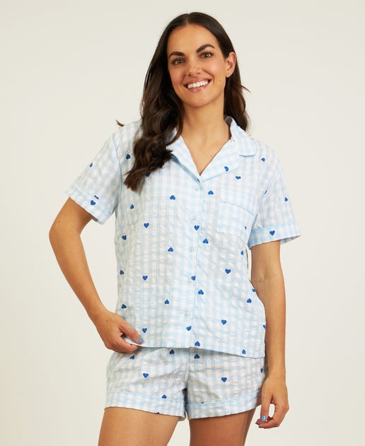 Women's Woven Texture Short PJ Set in Blue Gingham Hearts | Postie